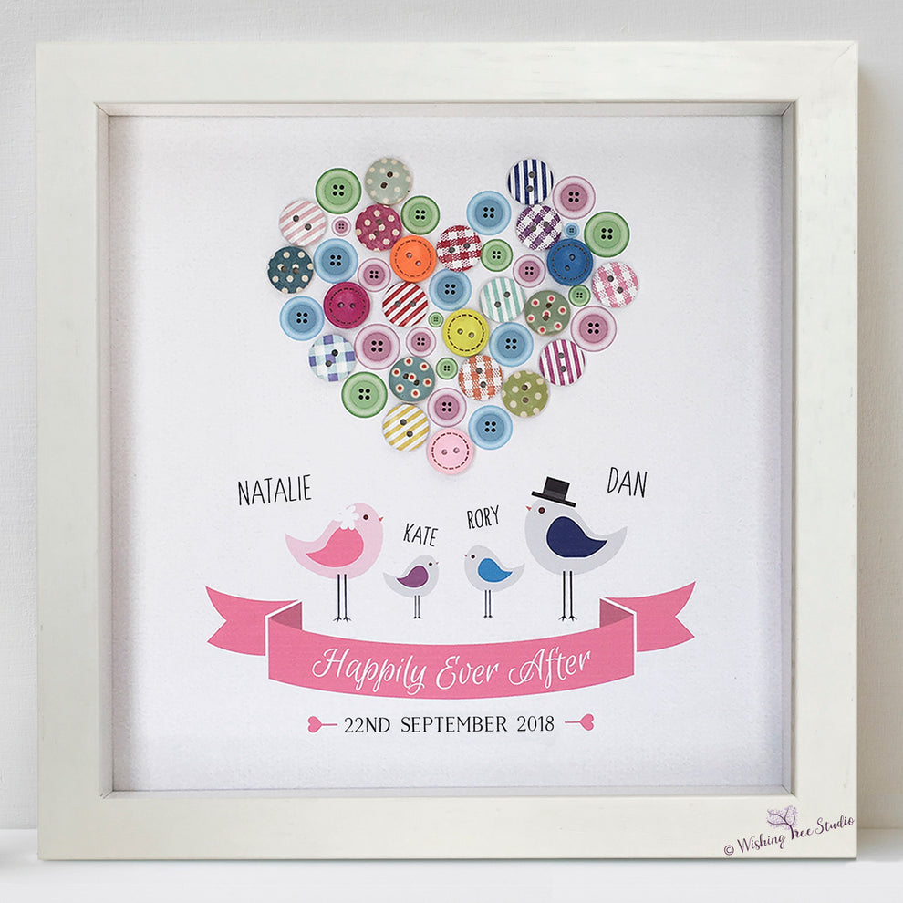 Love Birds with button Heart, family wedding gift, love birds frame ...